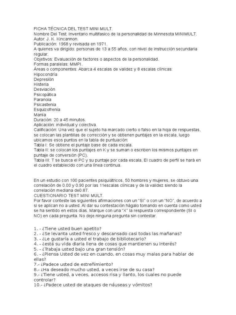 Ficha Técnica Del Test Mini Mult | PDF | Sicología | Medicina