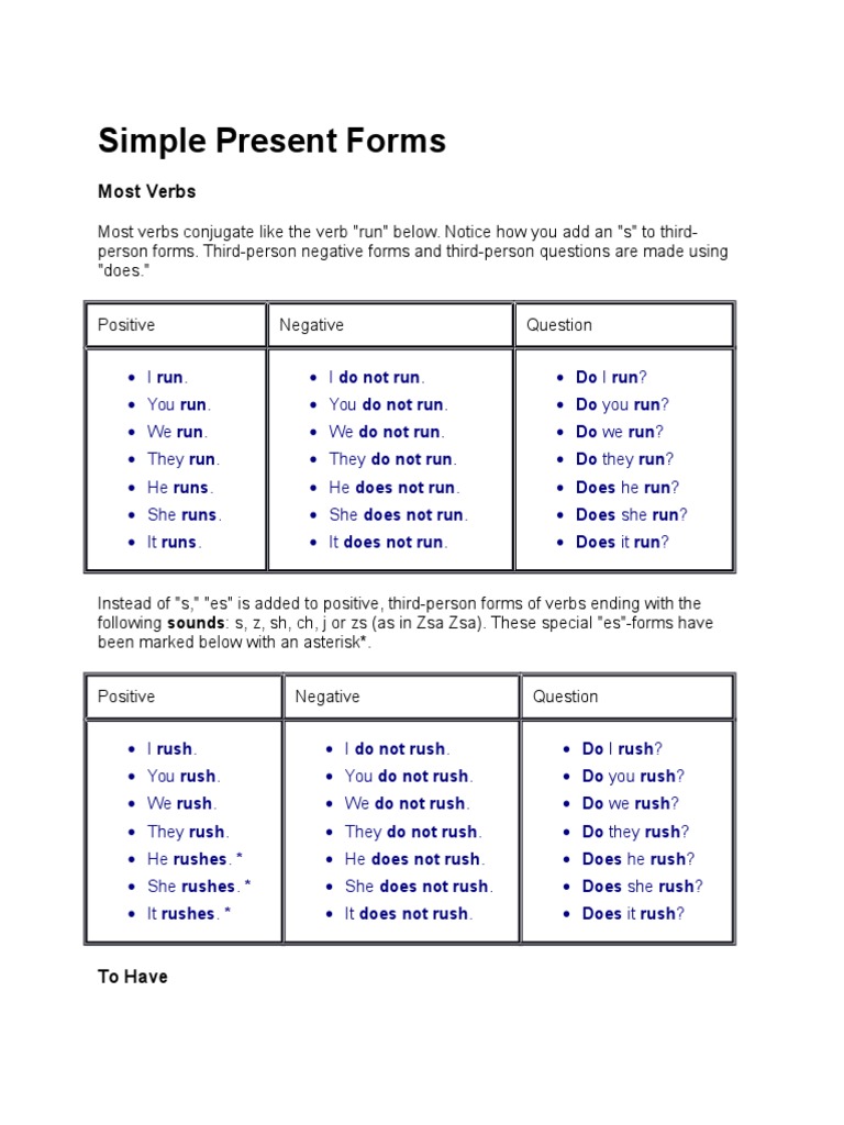 Simple Present Forms: Most Verbs | Download Free PDF | Narration ...