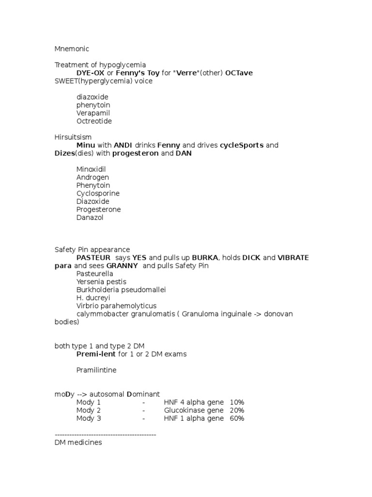 Mnemonic | PDF | Hypoglycemia | Medicine