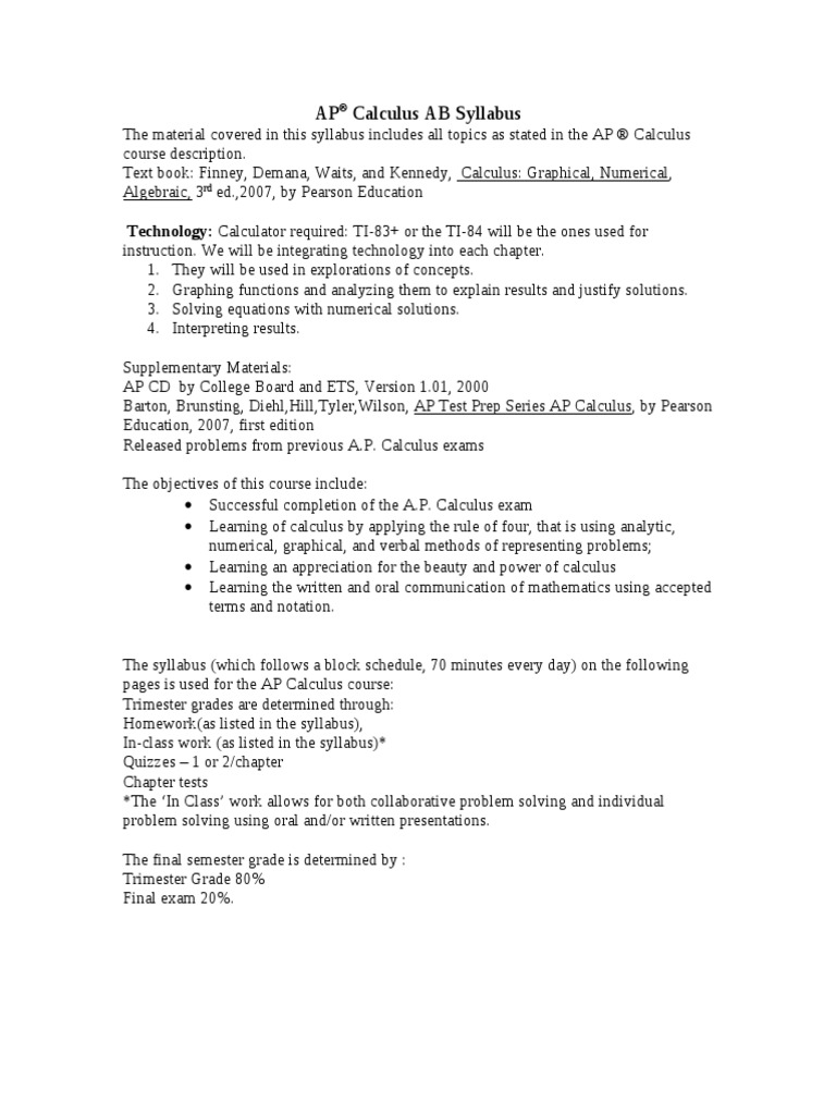 Ap Calculus Ab 2014 1015 Syllabus Pacing Guide | PDF | Integral ...