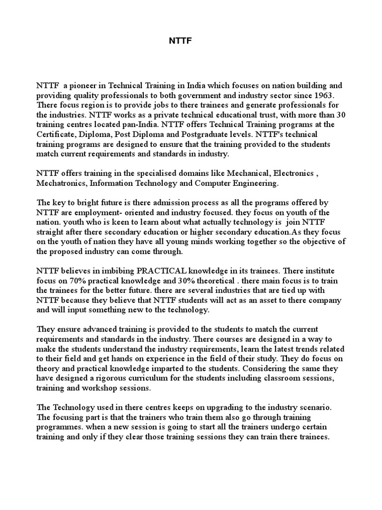 NTTF | PDF | Diploma | Quality Of Life