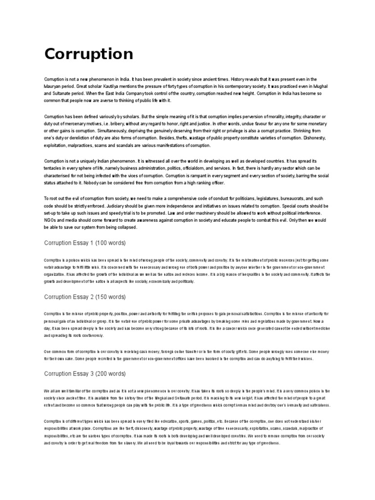 Corruption Essay 1 (100 Words) | PDF | Corruption | Employment