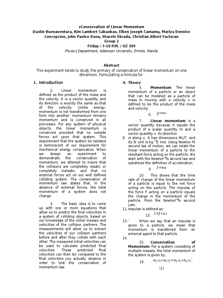 Conservation Of Linear Momentum Lab Report Pdf Momentum Scientific Theories