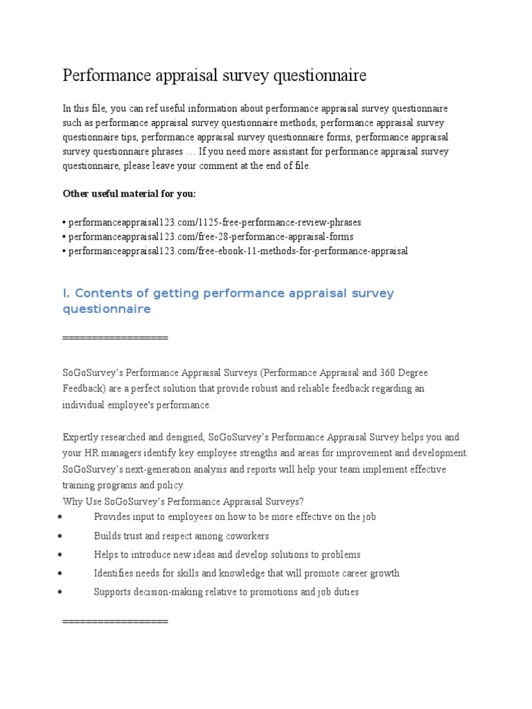 Performance Appraisal Survey Questionnaire | PDF | Performance ...