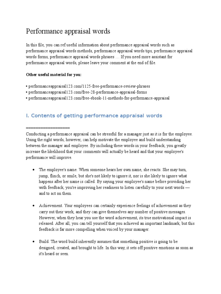Performance Appraisal Words | Performance Appraisal | Employment