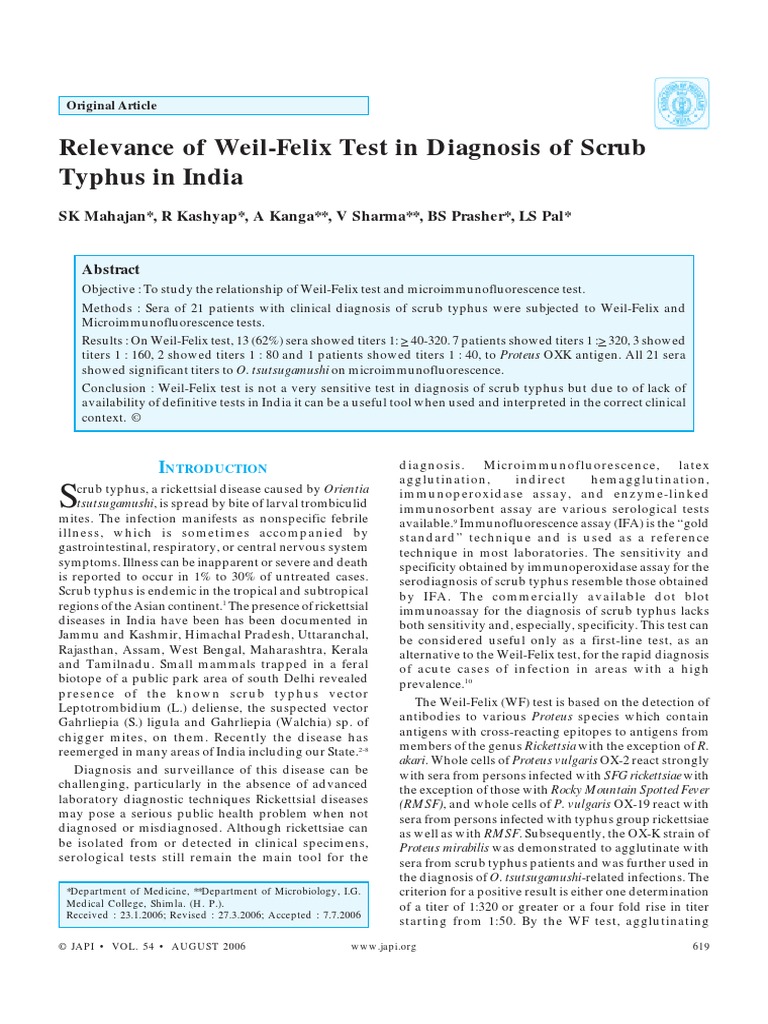 Weil-Felix Test in Diagnosis of Scrub | Sensitivity And Specificity ...