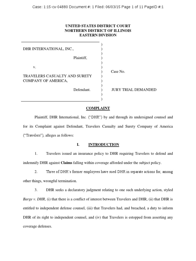 DHR INTERNATIONAL, INC.v..TRAVELERS CASUALTY AND SURETY) COMPANY OF ...