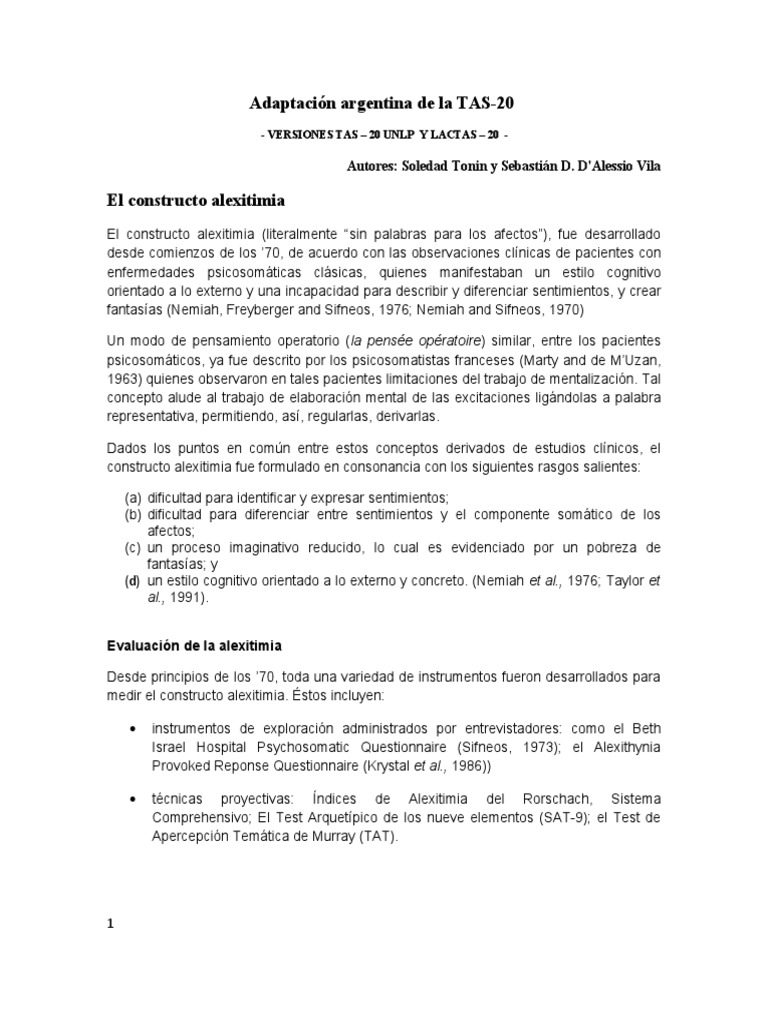 Escala TAS 20 - DAlessio-Tonin | PDF | Calidad de vida | Ciencias del ...