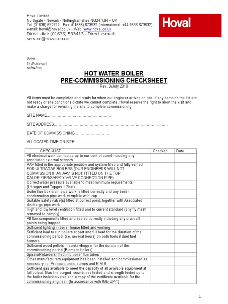 Hoval Hot Water Boiler Commissioning Checklist | PDF | Boiler ...