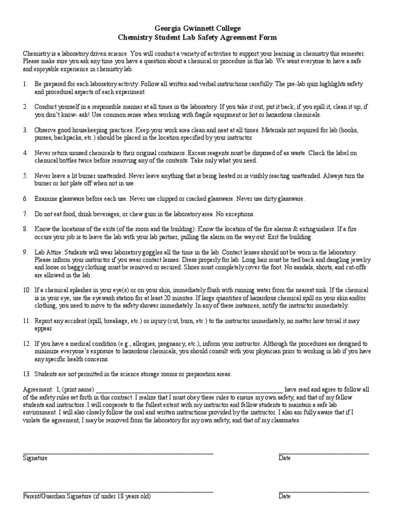 GGC chemistry lab safety form | PDF | Laboratories | Clothing
