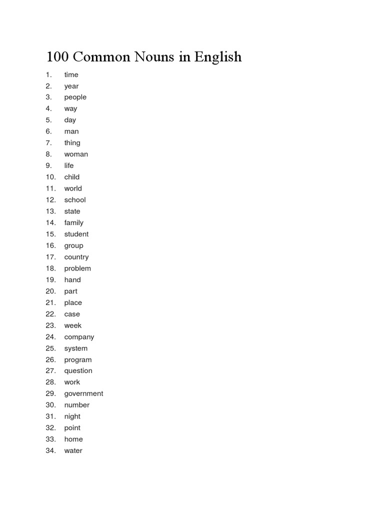 100 Common Nouns in English | PDF