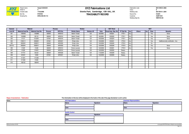 Welding Traceability Record Template | PDF | Welding | Construction