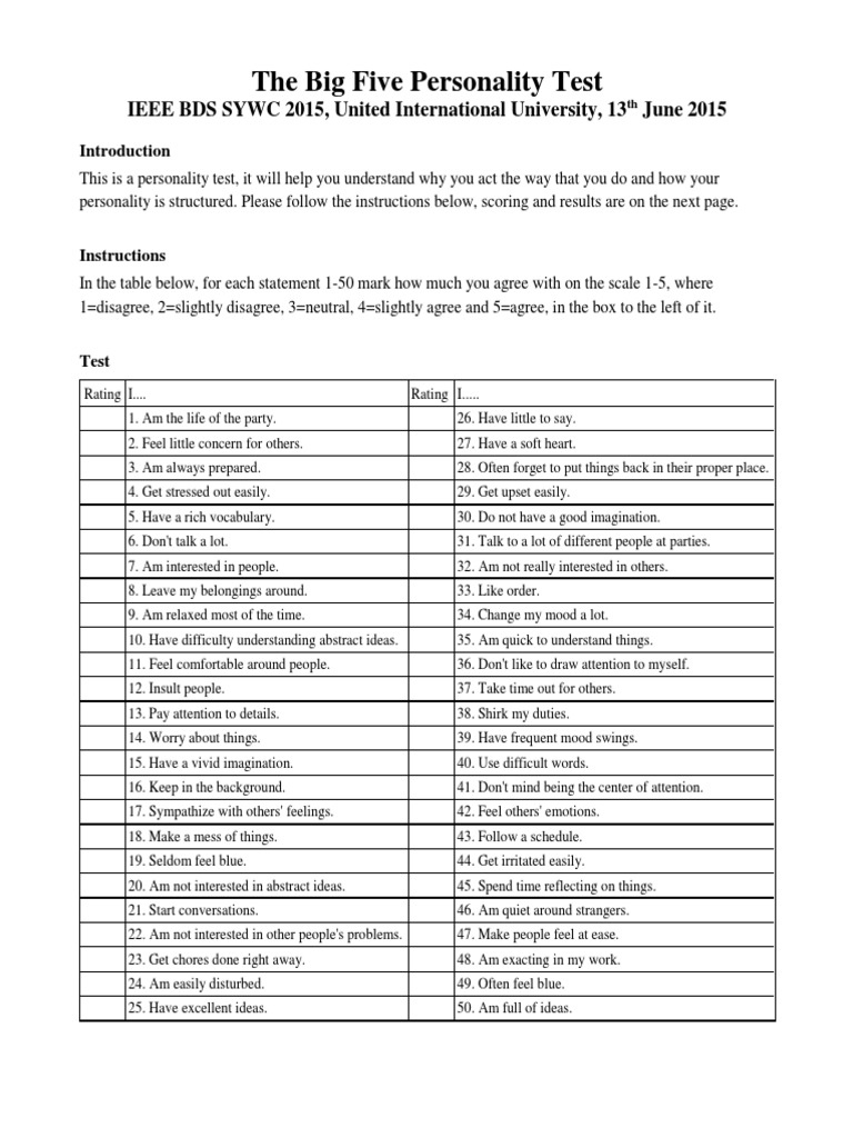 Big Five Personality Test Ieeebdssywc | PDF | Psychological Theories ...