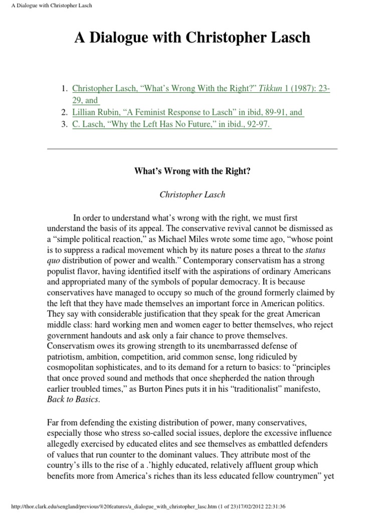 A Dialogue With Christopher Lasch | PDF | Conservatism | Feminism