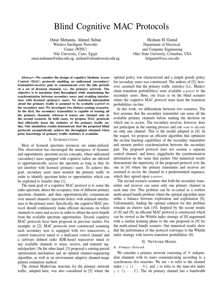 Blind Cognitive Mac Protocols Download Free Pdf Cognitive Radio Applied Mathematics