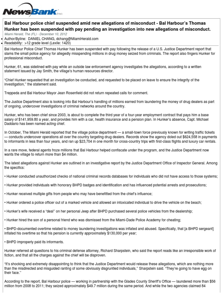 Bal Harbour Police Chief Suspended Amid New Allegations of Misconduct ...