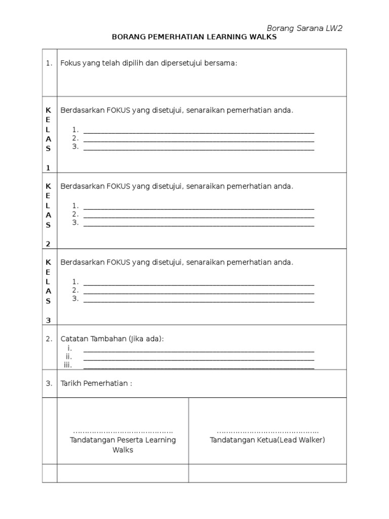 LW 2 Borang Pemerhatian Learning Walks | PDF