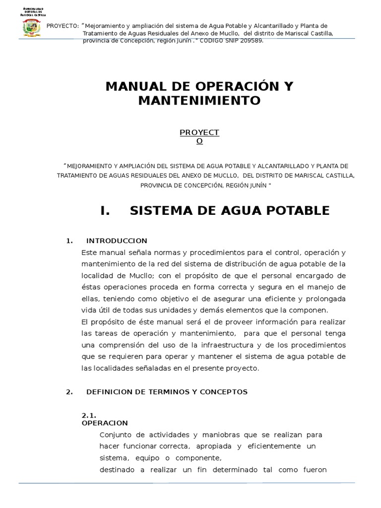 01 - Manual de Operacion y Mantenimiento de Agua Potable | PDF | Gasolinera | Agua
