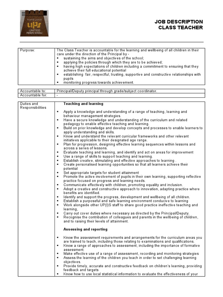 Class Teacher Job Description and Duties | PDF | Educational Assessment ...