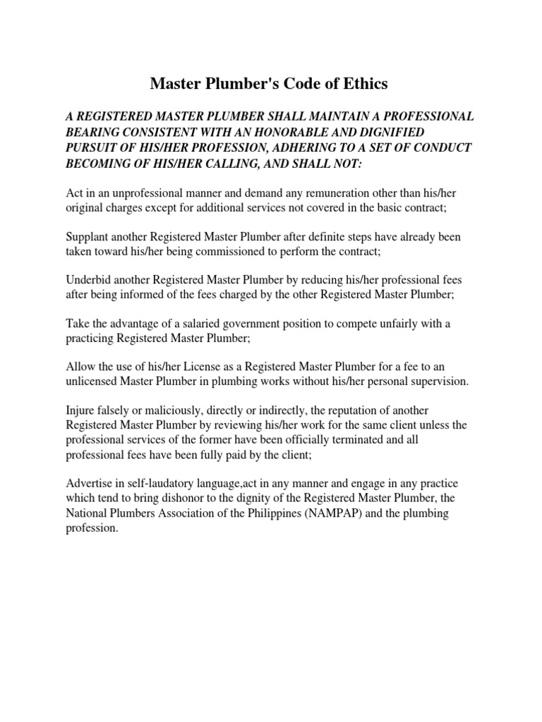 Master Plumber Code of Ethics | PDF | Social Institutions | Social Science