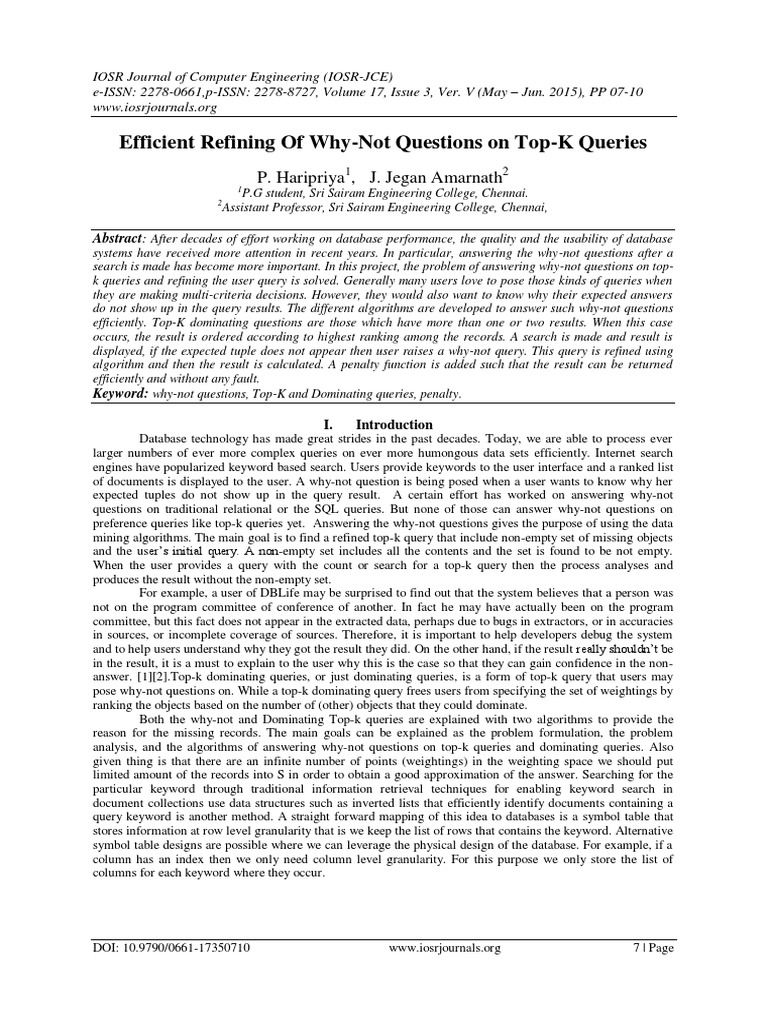 Efficient Refining of Why-Not Questions On Top-K Queries | PDF | Information Retrieval | Databases