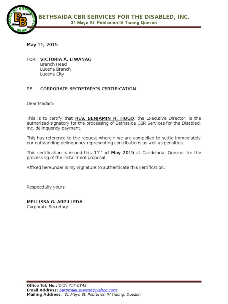SSS - Corporate Secretary Certificate | PDF | Law