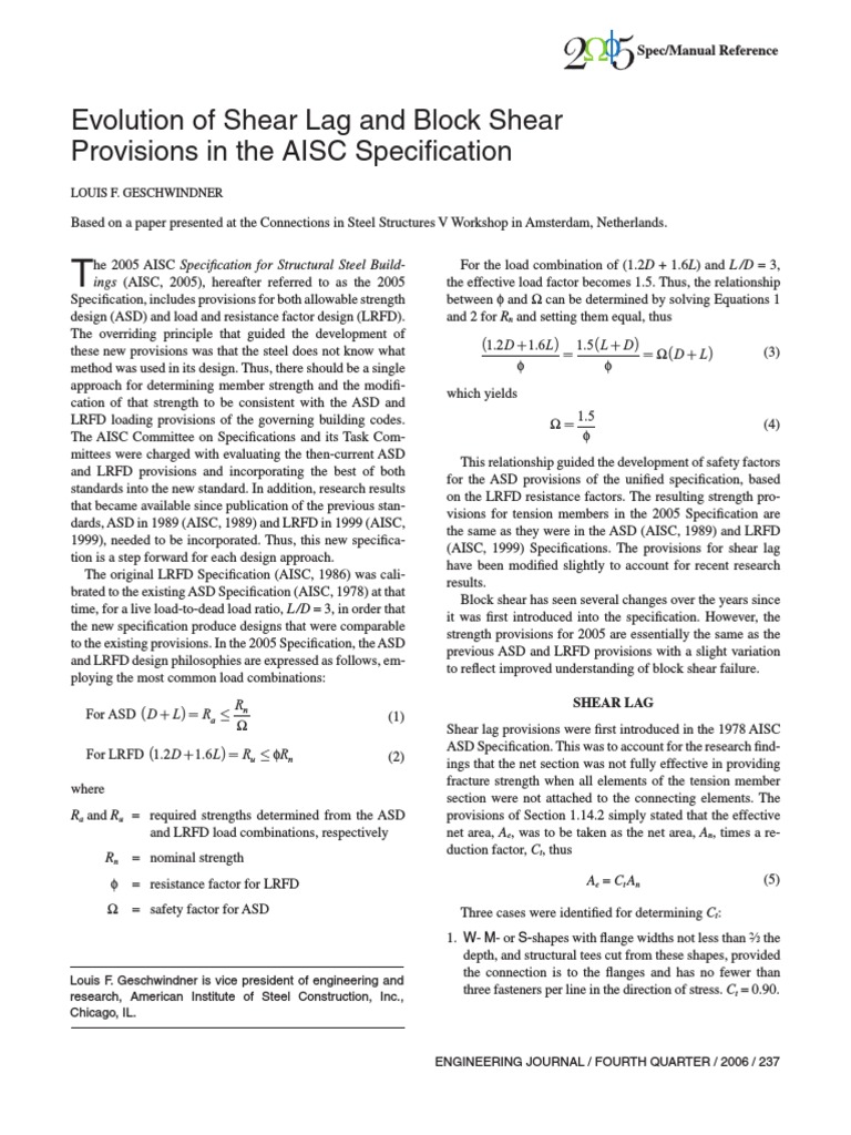 Evolution of Shear Lag and Block Shear Provisions in The AISC ...
