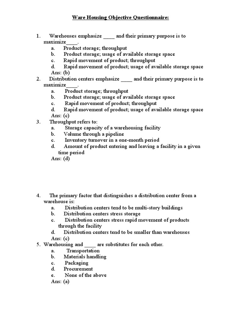 Ware Housing Objective Questionnaire | PDF | Warehouse | Cargo