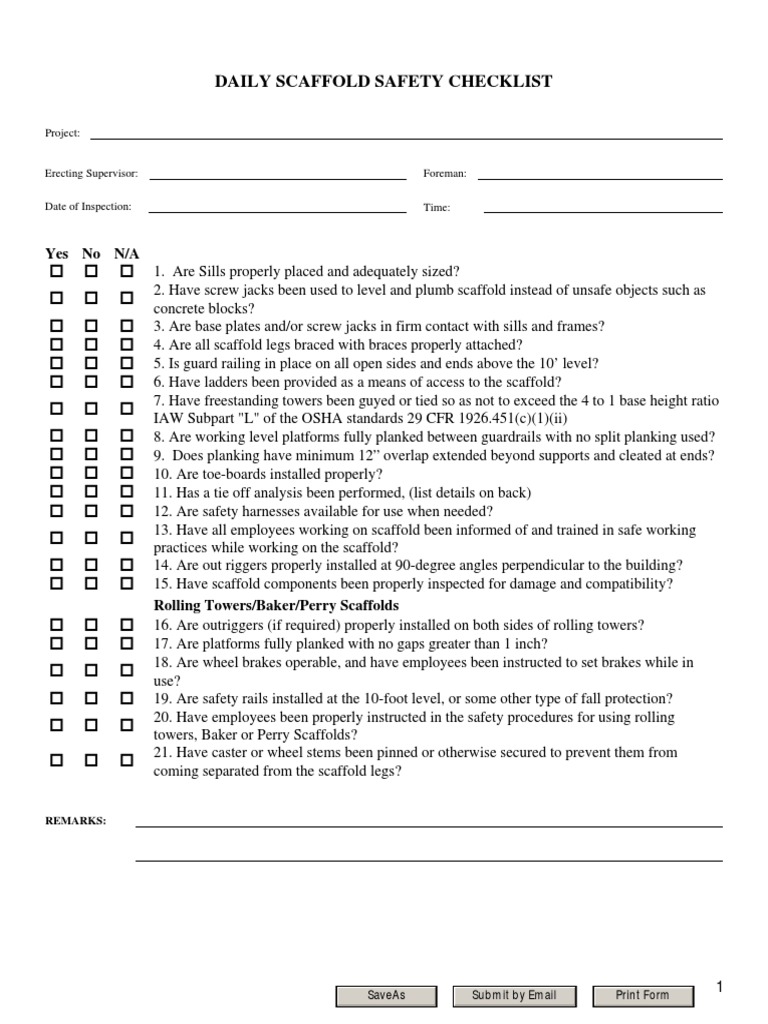 Daily Scaffold Safety Checklist - BLANK PDF | PDF