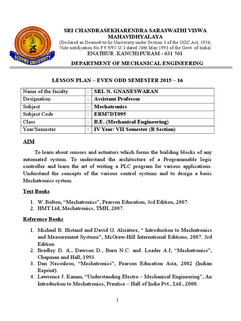 Mechatronics Lesson Plan | PDF | Control System | Machines