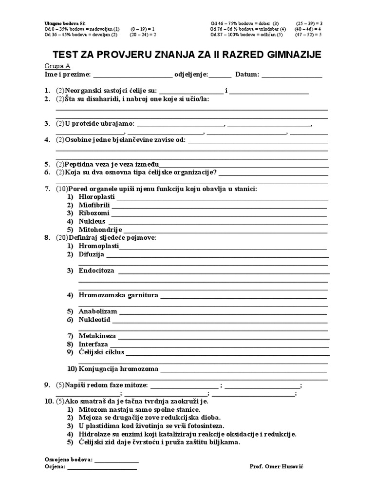 Ispit Znanja (Biologija II Razred) | PDF