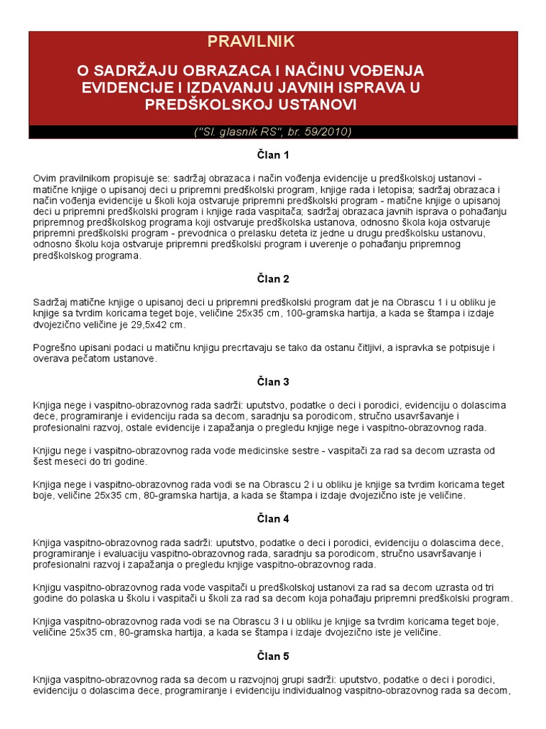 Pravilnik o Sadrzaju Obrasca U Nacinu Vodjenja Evidencije I Izdavanju ...