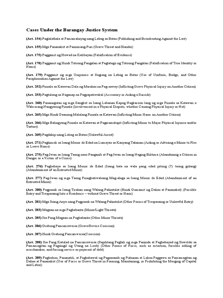 Cases Under The Barangay Justice System | PDF