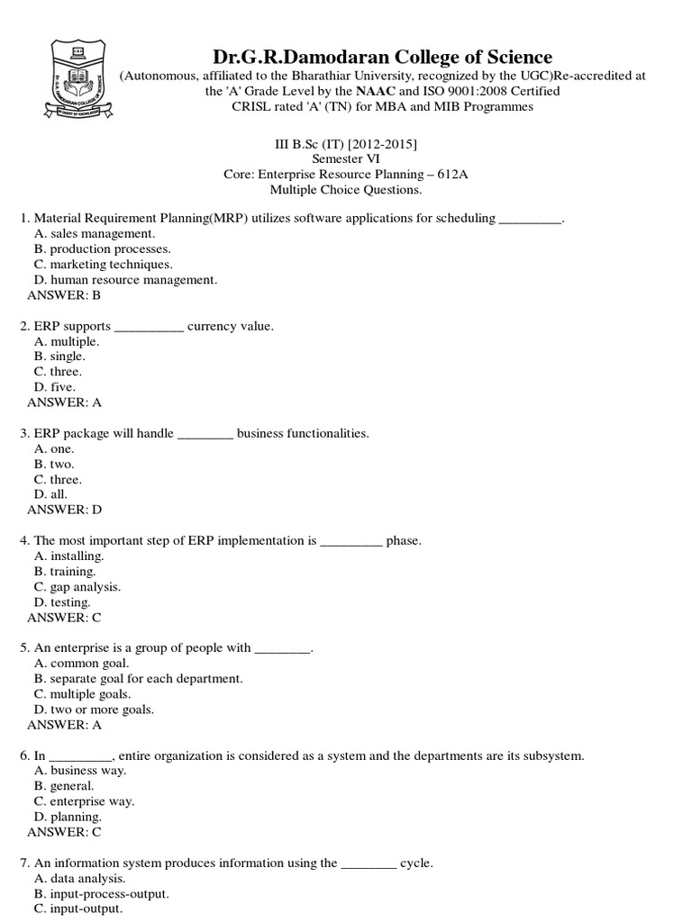 MCQ - Enterprise Resource Planning PDF | PDF | Enterprise Resource ...
