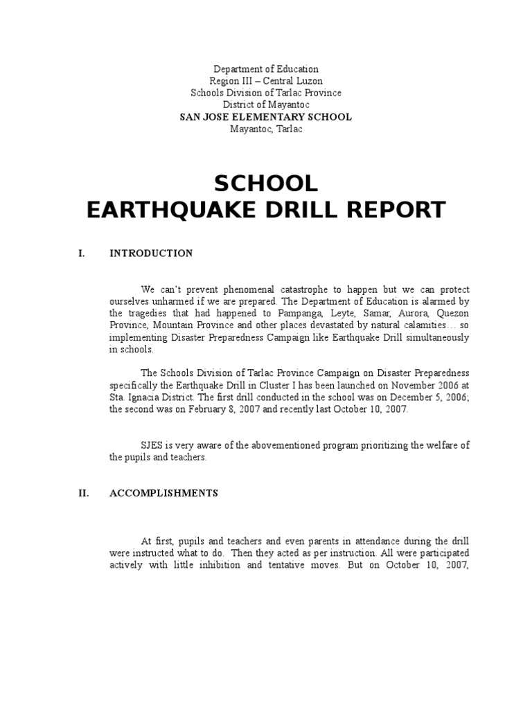 School Earthquake Drill Report: San Jose Elementary School | PDF ...