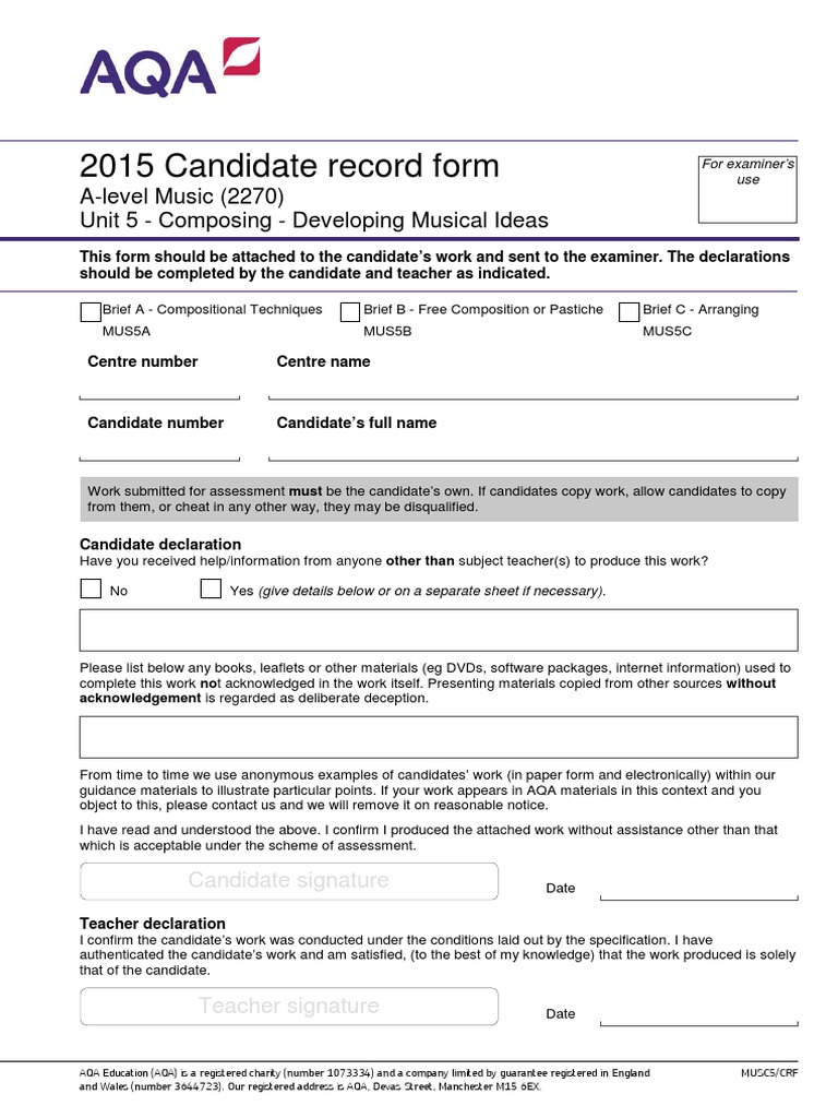 2015 Candidate Record Form: A-Level Music (2270) Unit 5 - Composing ...