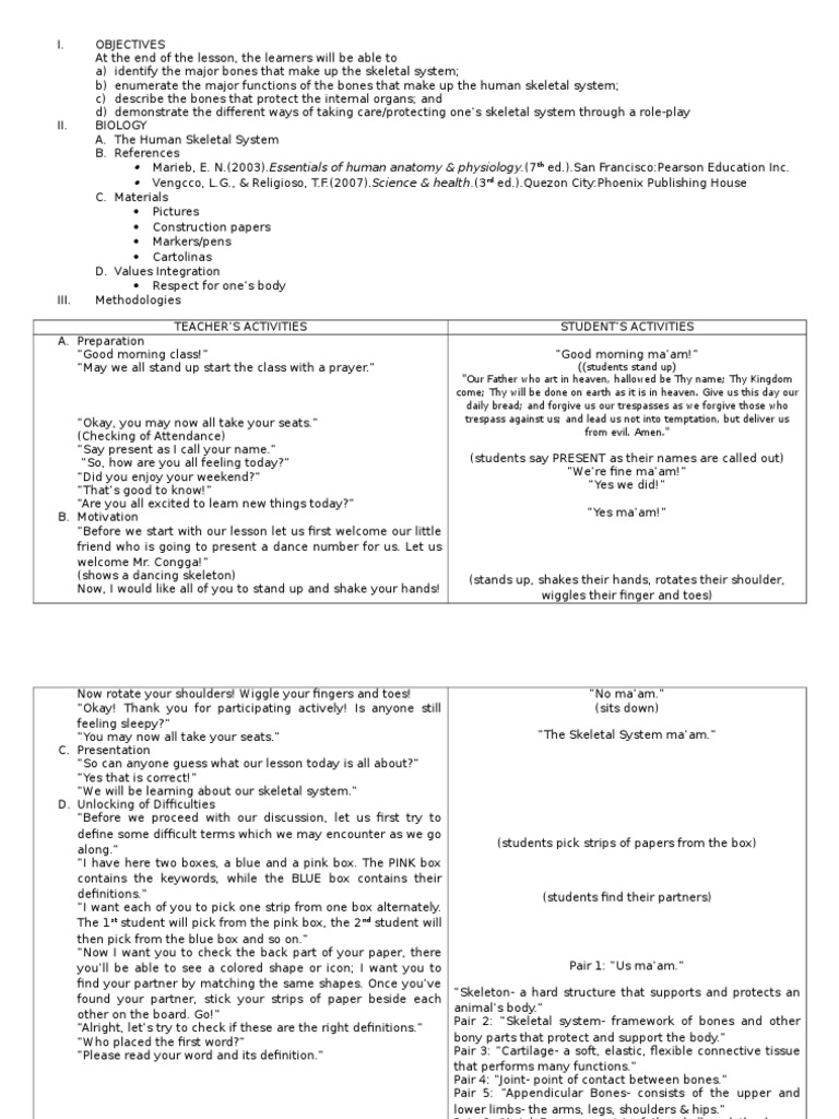 Detailed Lesson Plan -Skeletal System | Skeleton | Bone