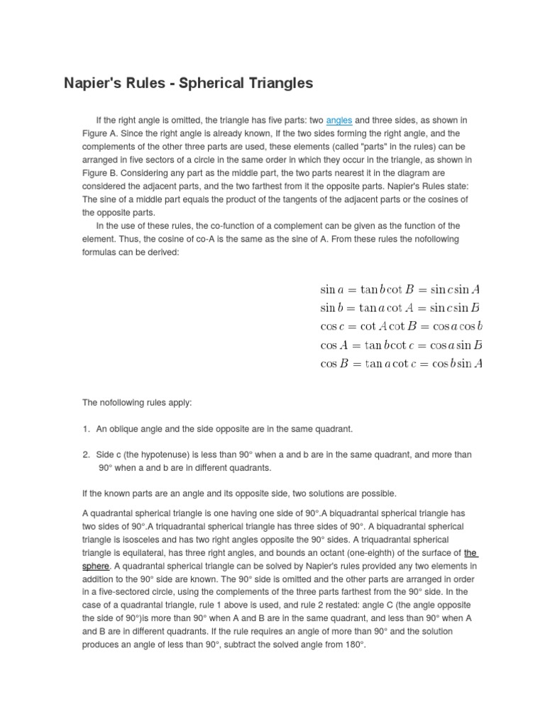 Napier's Rules for Solving Spherical Triangles | PDF