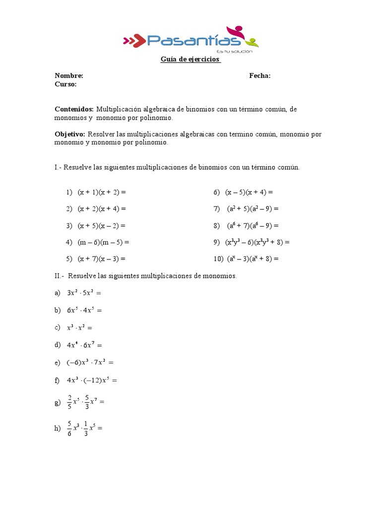 Multiplicacion Algebraica Ejercicios | PDF