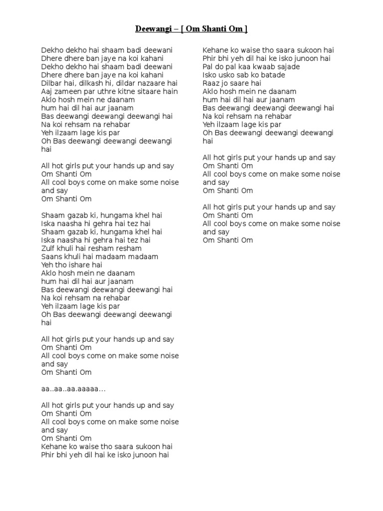 Deewangi Lyrics from Om Shanti Om | PDF