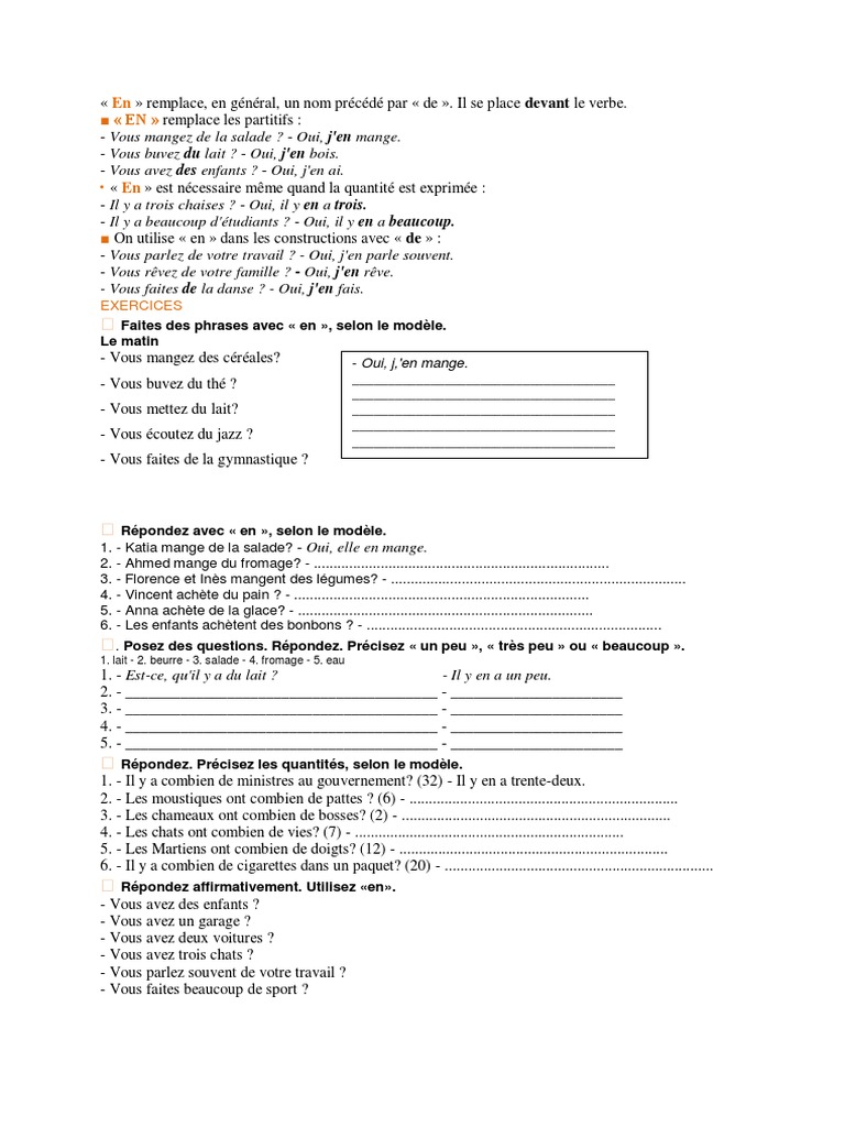 En y Le La Les Lui Leur Pronoms Cours and Ex | PDF | Genre grammatical ...