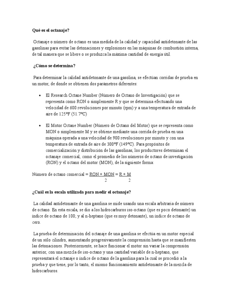 Qué es el octanaje y su importancia | PDF | Sustancias químicas ...