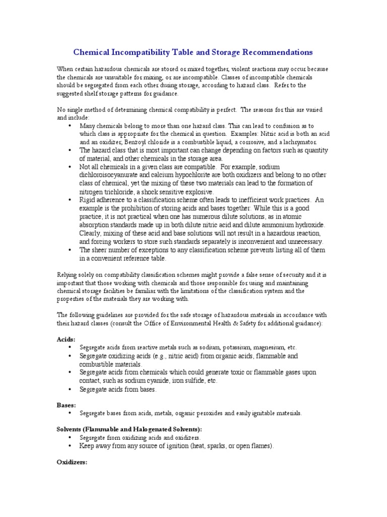 Chemical Incompatibility Table and Storage Recommendations | Chlorine ...