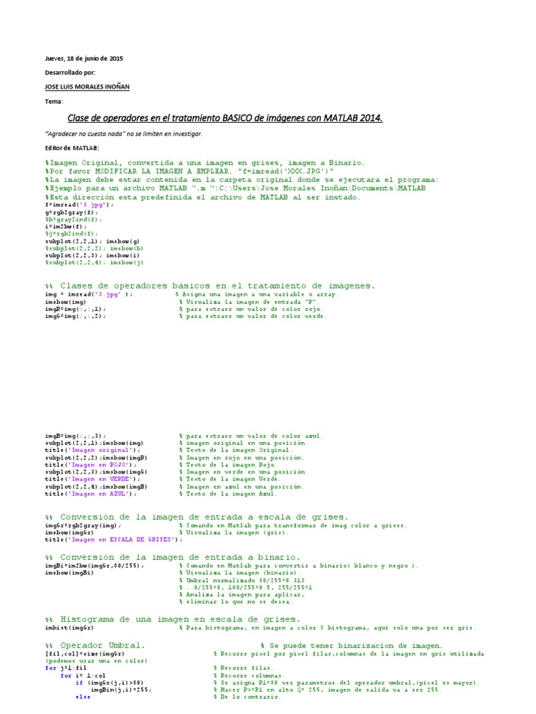 Procesamiento Digital de Imagenes Clases de Operadores en MATLAB | PDF | Archivo de computadora ...