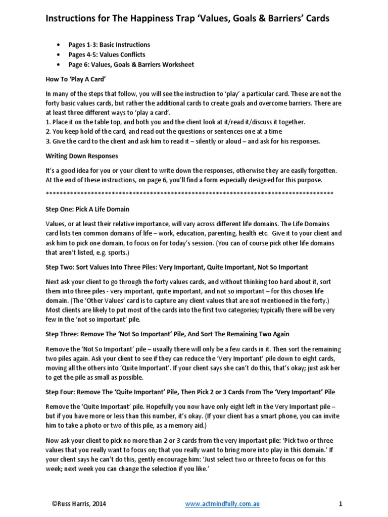 How To Use The Happiness Trap Values, Goals and Barriers Cards - by ...