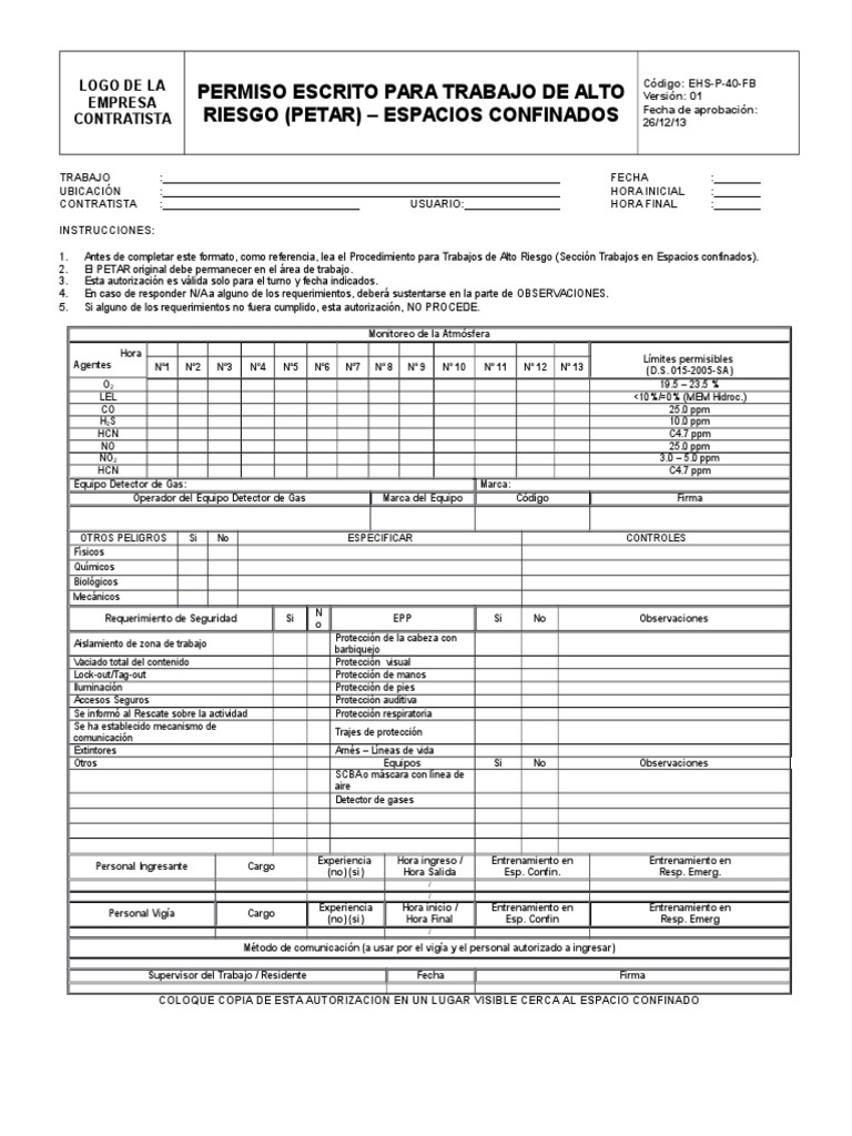 1026-EHS-P-40-FB Permiso Escrito para Trabajos de Alto Riesgo (PETAR) - Espacios Confinados ...
