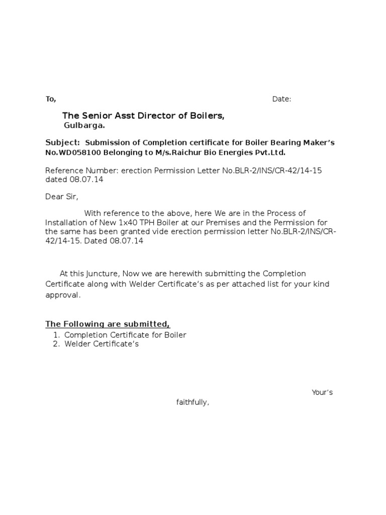 IBR Letter - Boiler Completion Certificate | PDF | Business