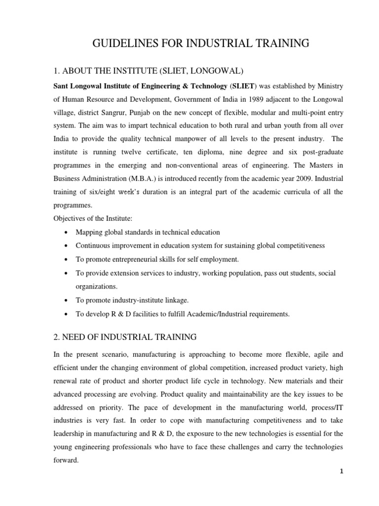 Industrial Training Guidelines at SLIET | PDF | Vocational Education ...