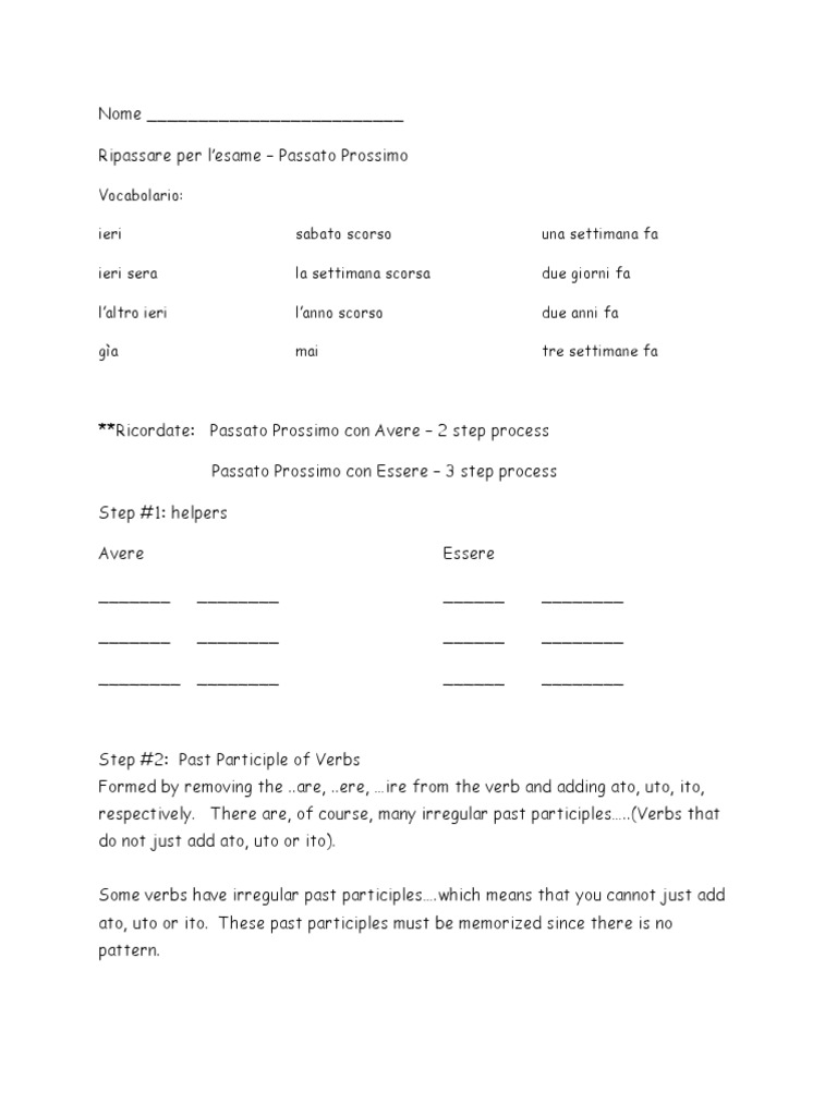Passato Prossimo Review Sheet | PDF