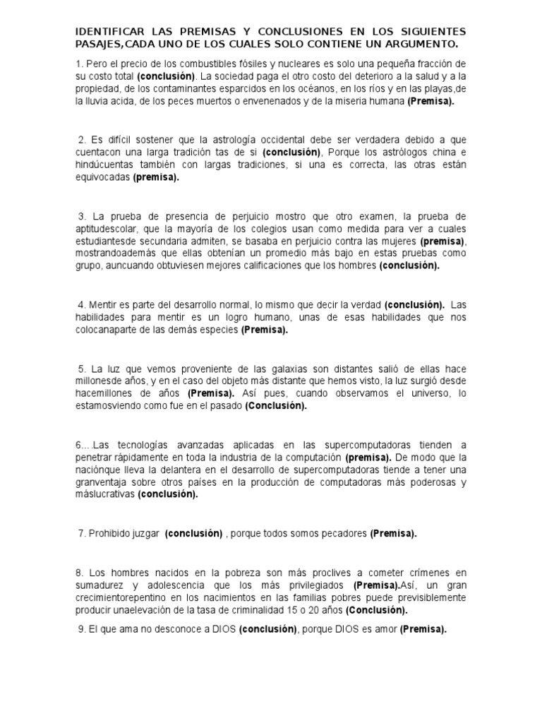 Identificar Las Premisas y Conclusiones en Los Siguientes Pasajes | PDF ...